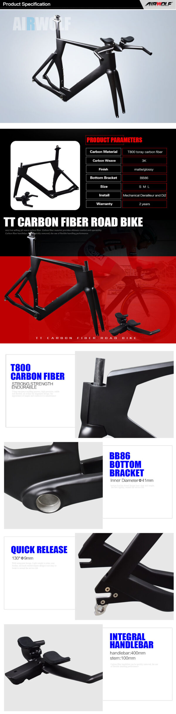 AIRWOLF YFT016 Light Weight Carbon Aero Time Trial Bike Frame UD BB86 ...